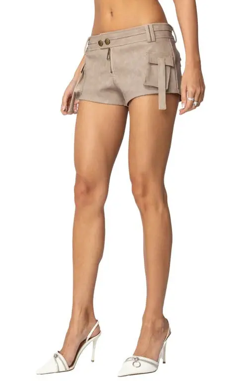 EDIKTED Faux Leather Micro Cargo Shorts - Beige