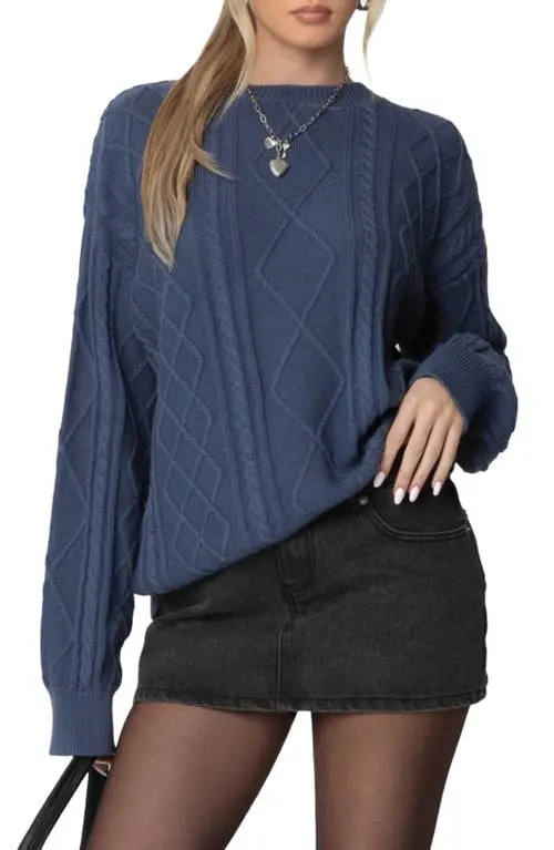 EDIKTED Jessy Oversize Cable Stitch Sweater - Blue