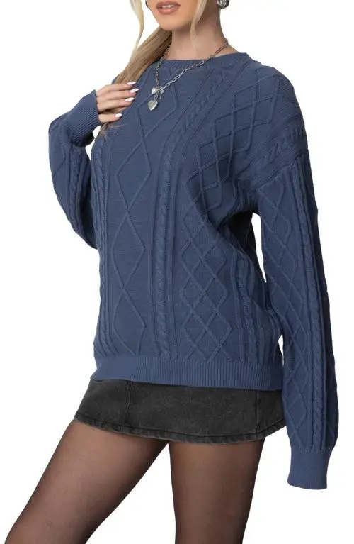 EDIKTED Jessy Oversize Cable Stitch Sweater - Blue