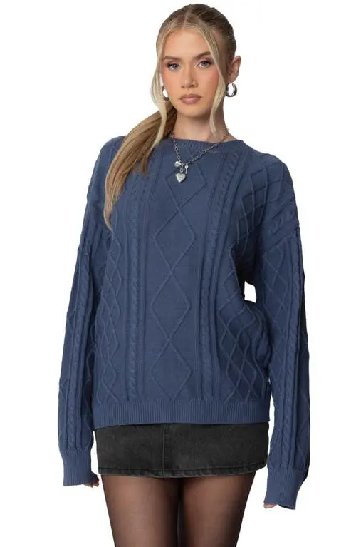 EDIKTED Jessy Oversize Cable Stitch Sweater - Blue