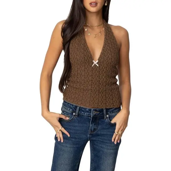 EDIKTED Willow Texture Halter Top - Brown
