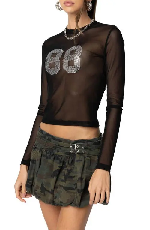 EDIKTED Rhinestone Mesh Top