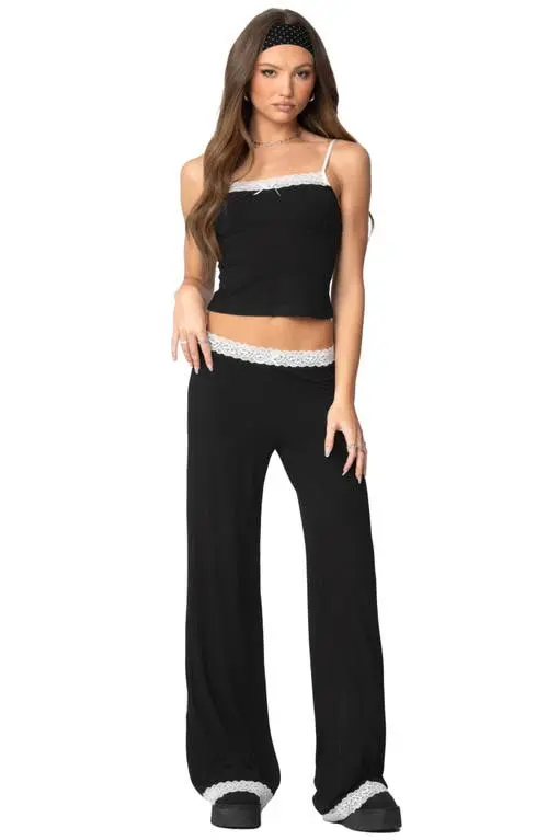 EDIKTED Domino Lace Trim Wide Leg Pants