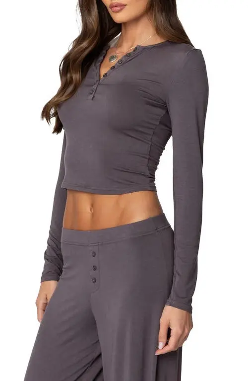 EDIKTED Long Sleeve Crop Henley - Gray