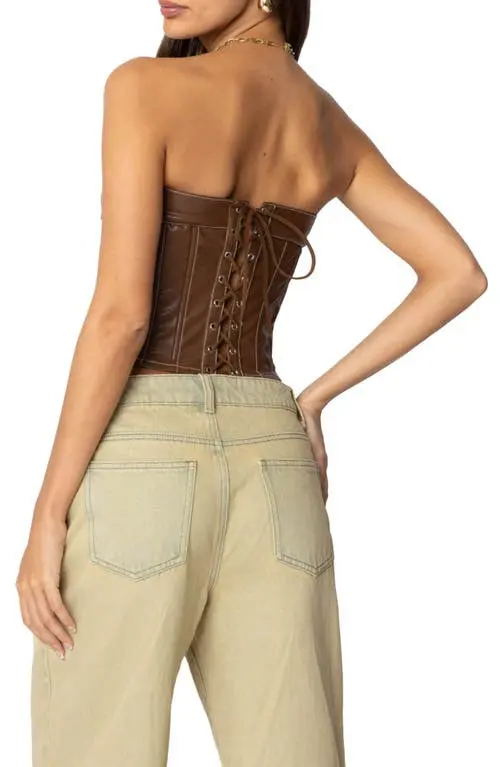 EDIKTED Faux Leather Lace-up Corset Top - Brown