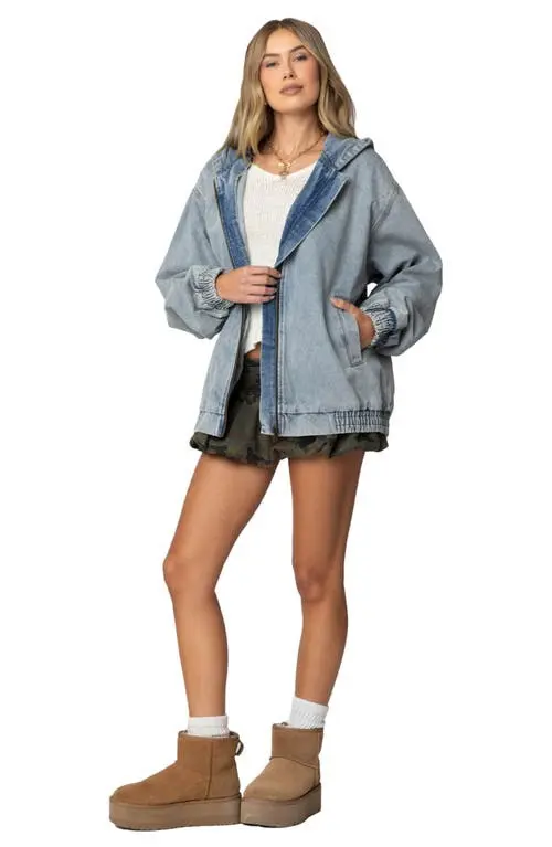 EDIKTED Denim Zip Up Hooded Jacket