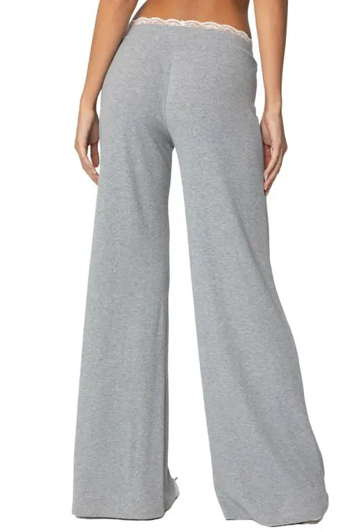 EDIKTED Peekaboo Lace Trim Knit Wide Leg Pants - Gray-melange