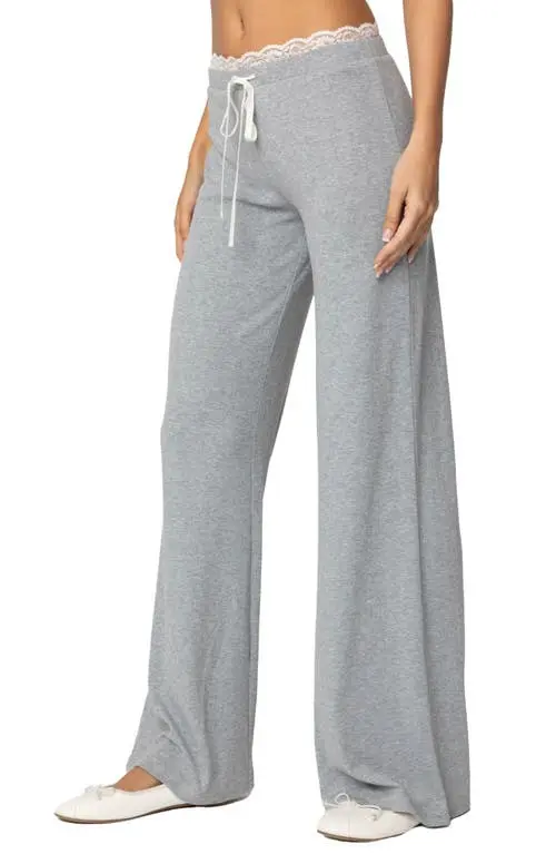 EDIKTED Peekaboo Lace Trim Knit Wide Leg Pants - Gray-melange