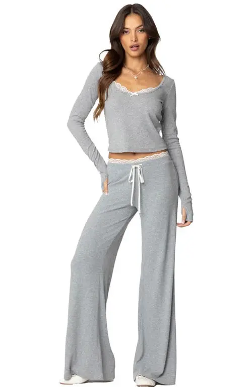 EDIKTED Peekaboo Lace Trim Knit Wide Leg Pants - Gray-melange