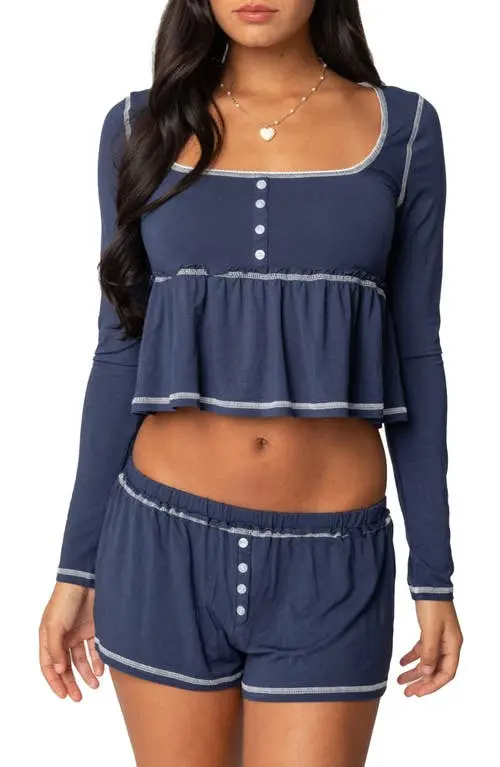 EDIKTED Arianne Long Sleeve Babydoll Top - Navy
