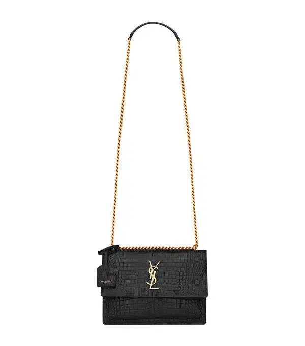 Saint Laurent Medium Sunset Croc-embossed Shoulder Bag - Black