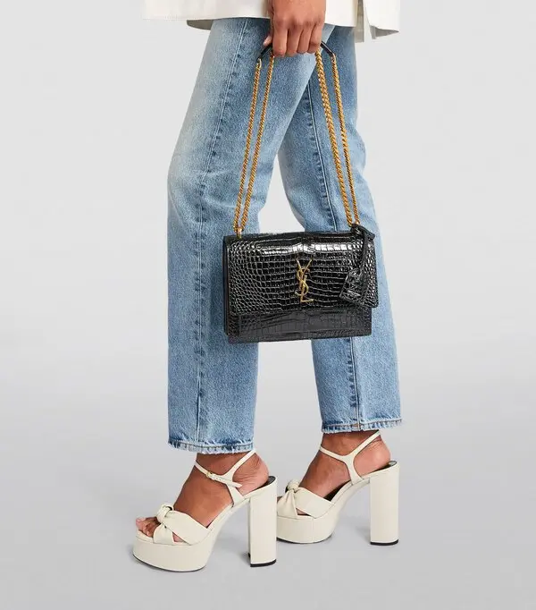 Saint Laurent Medium Sunset Croc-embossed Shoulder Bag - Black