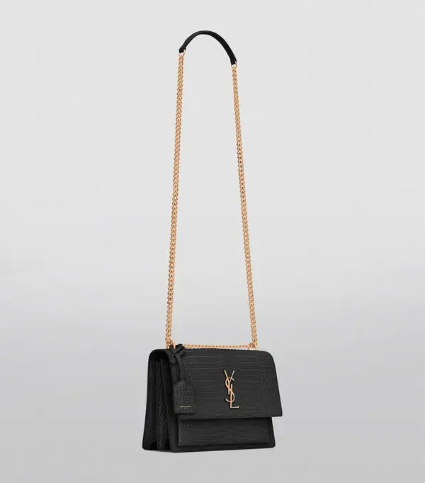 Saint Laurent Medium Sunset Croc-embossed Shoulder Bag - Black