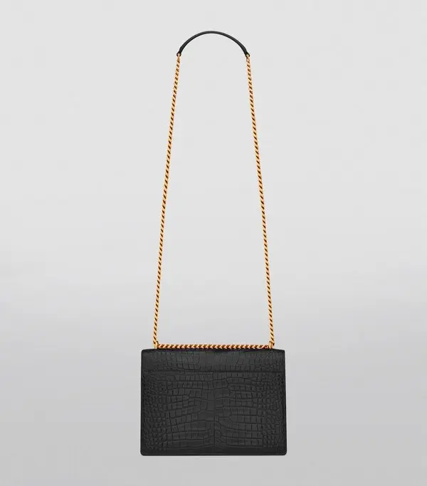 Saint Laurent Medium Sunset Croc-embossed Shoulder Bag - Black