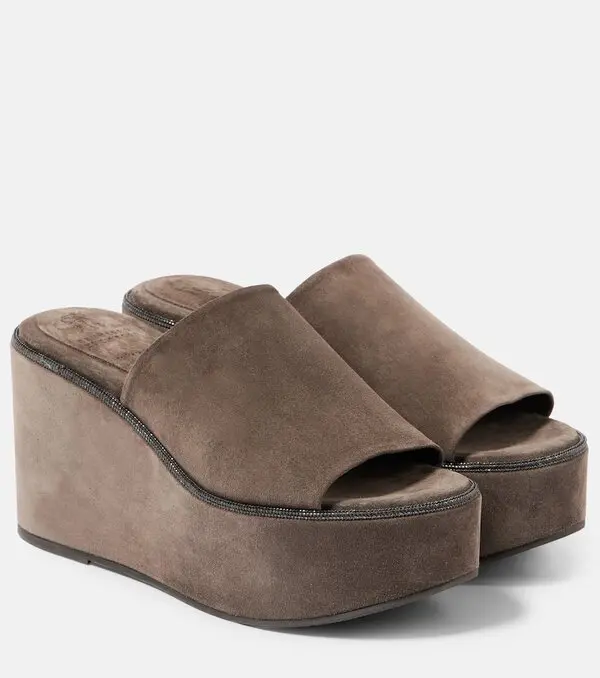 Brunello Cucinelli Monili Suede Wedge Mules