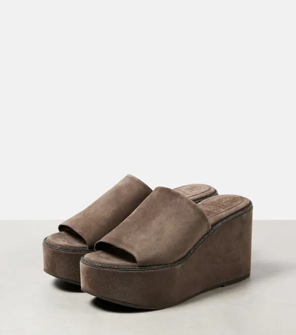 Brunello Cucinelli Monili Suede Wedge Mules