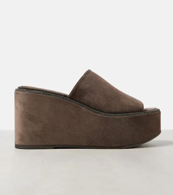 Brunello Cucinelli Monili Suede Wedge Mules