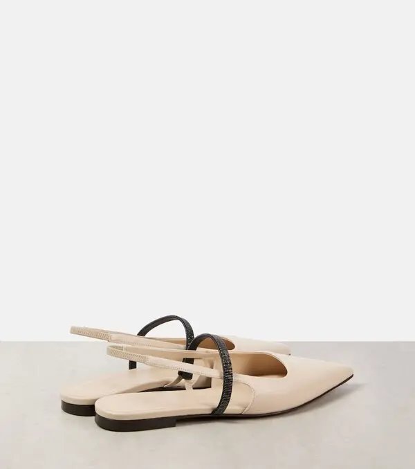 Brunello Cucinelli Pointy Leather Slingback Pumps - Beige