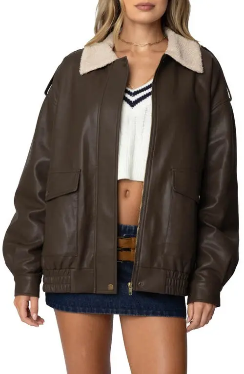 EDIKTED Oversize Faux Leather Jacket With Faux Shearling Collar