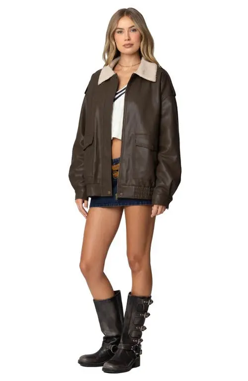 EDIKTED Oversize Faux Leather Jacket With Faux Shearling Collar