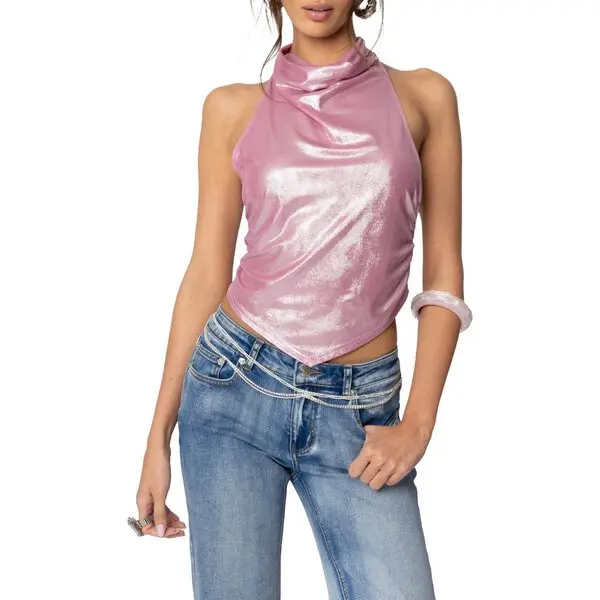 EDIKTED Metallic Cowl Neck Halter Top