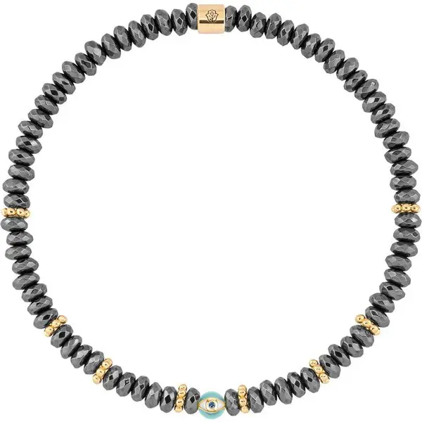 KARMA AND LUCK Hematite Evil Eye Charm Beaded Bracelet - Dark Grey/gold/turquoise/white