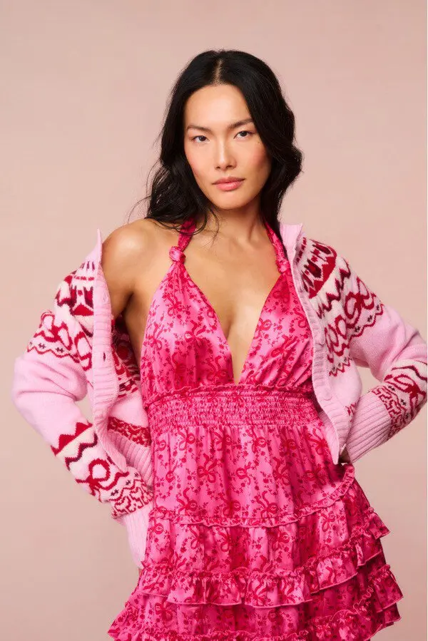 Quintelle Silk Bow-printed Halter Mini Dress
