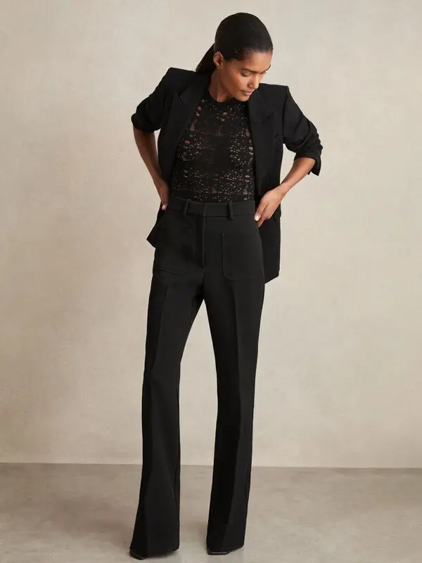 REISS Priya Twill High-rise Flared Trousers - Black
