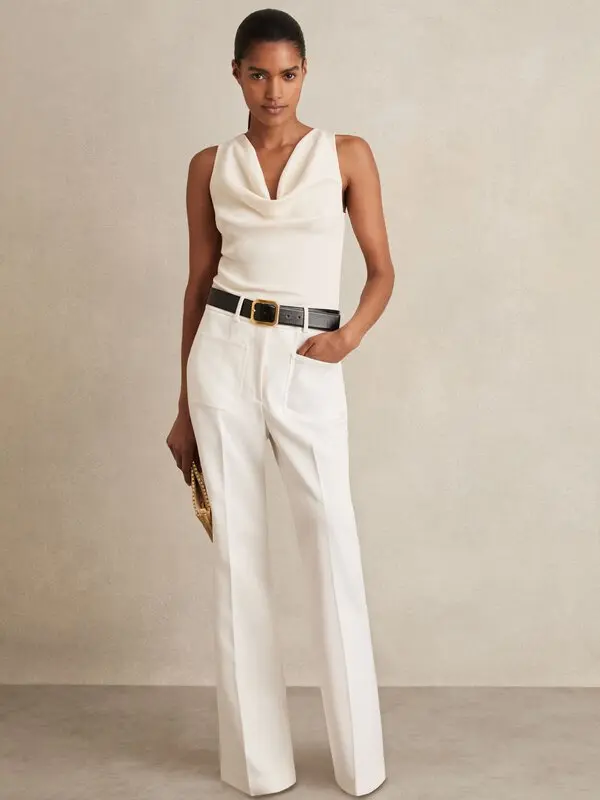 REISS Priya Twill High-rise Flared Trousers - Cream