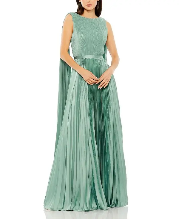 Mac Duggal Sleeveless High Neck Cape Back Pleated Gown - Sage