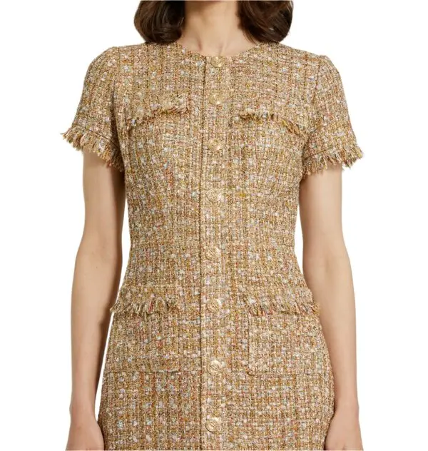 Mac Duggal Boucle Mini Dress With Pockets - Latte Multi