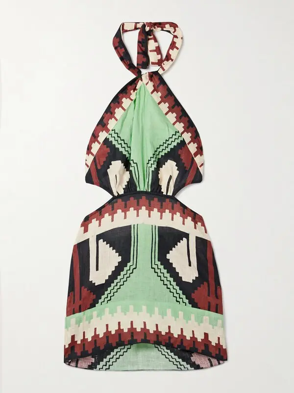 Johanna Ortiz Tide Strength Printed Linen Halterneck Dress - Green