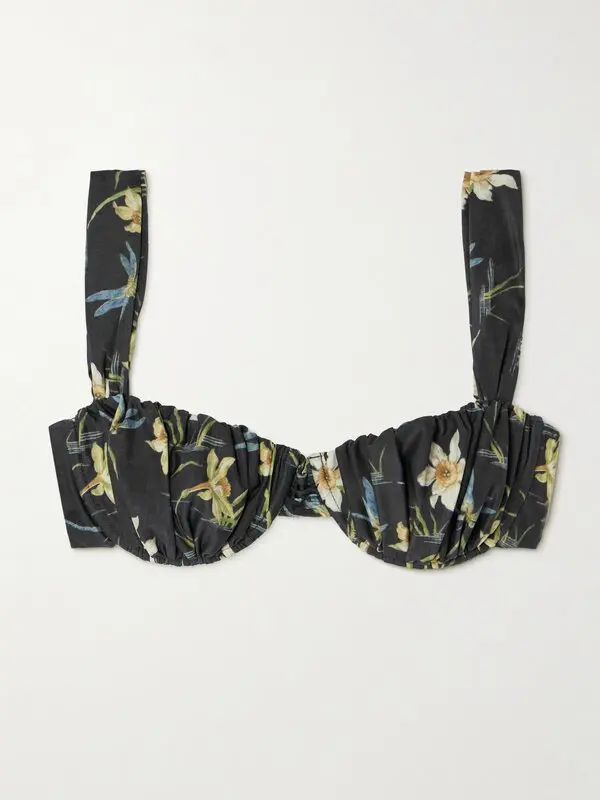 Faithfull The Brand Emily Floral-print Gathered Bikini Top - Black