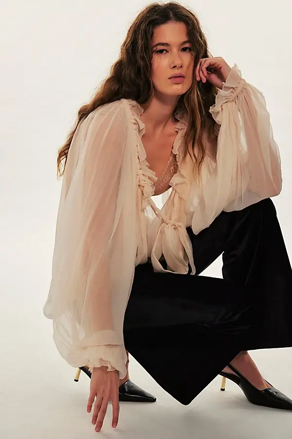 Free People Chiffon Bow Blouse - Ivory