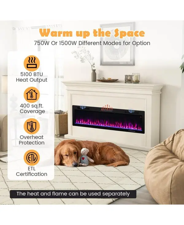 SUGIFT Electric Fireplace 60 Inches Recessed And Wall Mounted