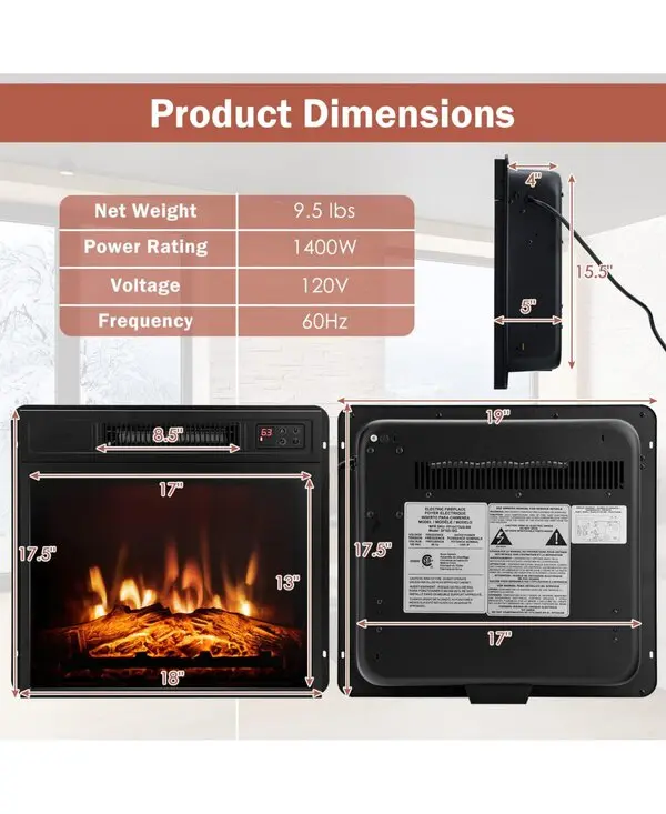 SUGIFT 18 Inch Electric Fireplace Inserted With Adjustable Led Flame