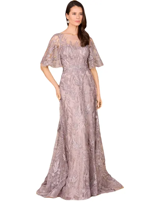 LARA NEW YORK Beaded A-line Gown With Cape Sleeves