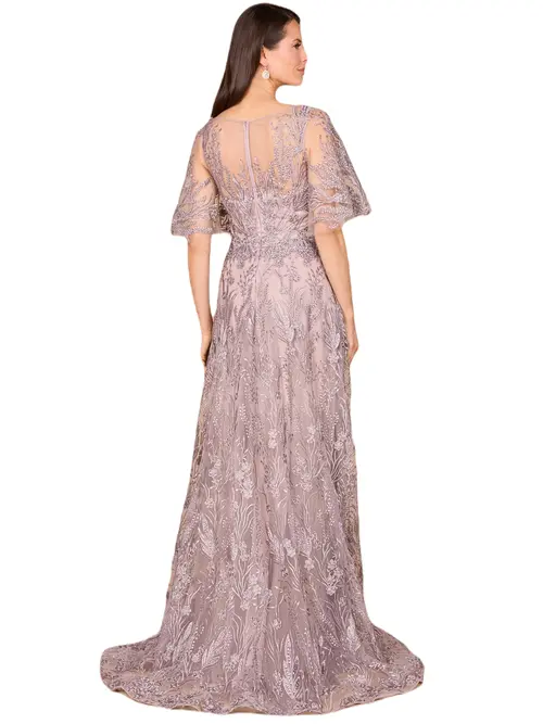 LARA NEW YORK Beaded A-line Gown With Cape Sleeves
