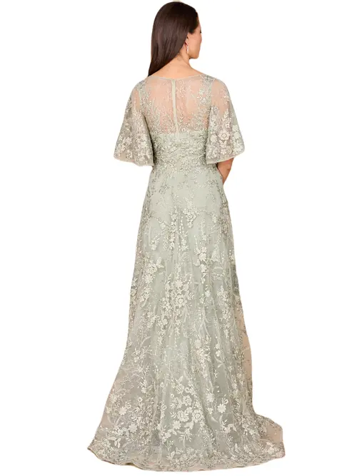 LARA NEW YORK V-neck Embellished A-line Gown With Cape Sleeves