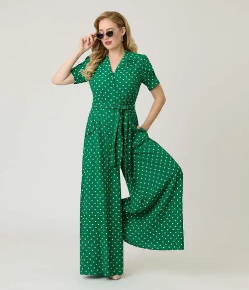 Unique Vintage 1940s Flare Leg Jumpsuit - Green & White Dot