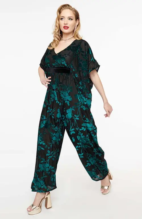 Unique Vintage 1970s Velvet Caftan Jumpsuit - Black & Teal Floral