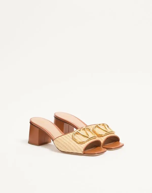 Valentino Garavani Vlogo Signature Raffia Slide Sandals - Beige