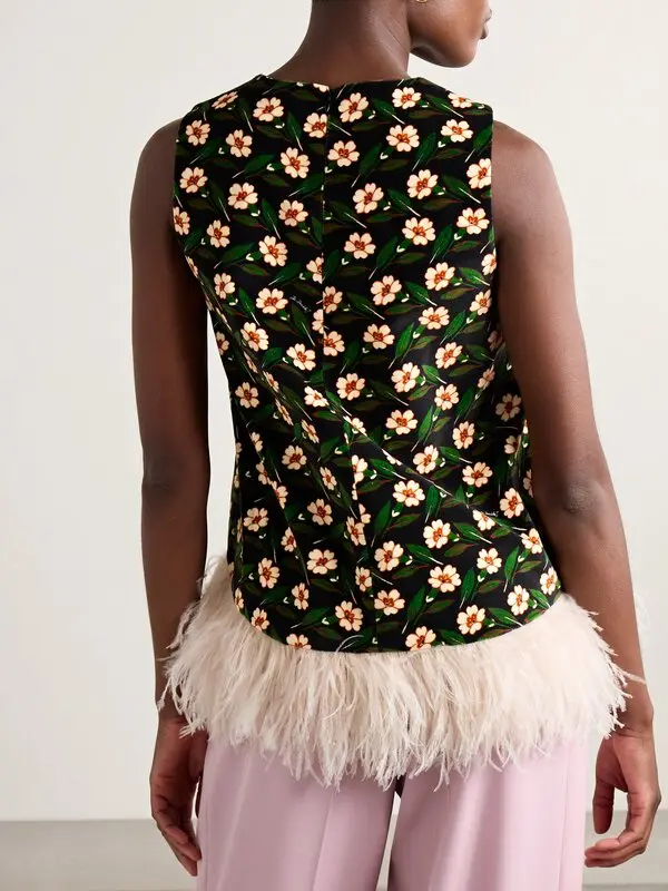 La DoubleJ La Scala Asymmetric Feather-trimmed Floral-print Top - Green