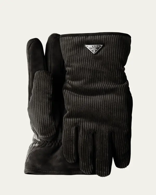 Prada Velluto Coste Corduroy And Suede Gloves - Nero