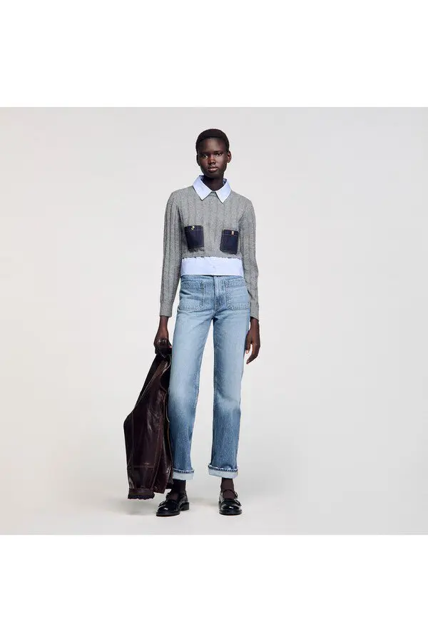 Sandro Cropped Wool & Cashmere Knit Sweater With Denim Patch Pockets - Blue