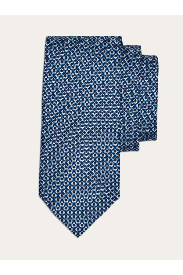 FERRAGAMO Gancini Print Silk Neck Tie - Navy