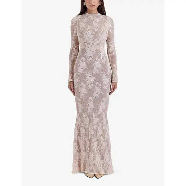 chinese dress ladies Self-Portrait - Champagne Rhinestone Lace Trim Maxi Dress