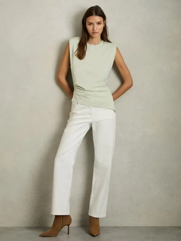 REISS Sadie Shoulder-pad Top - Sage