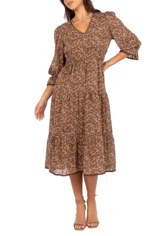 PETAL & PUP Simone Floral Print Midi Dress - Camel