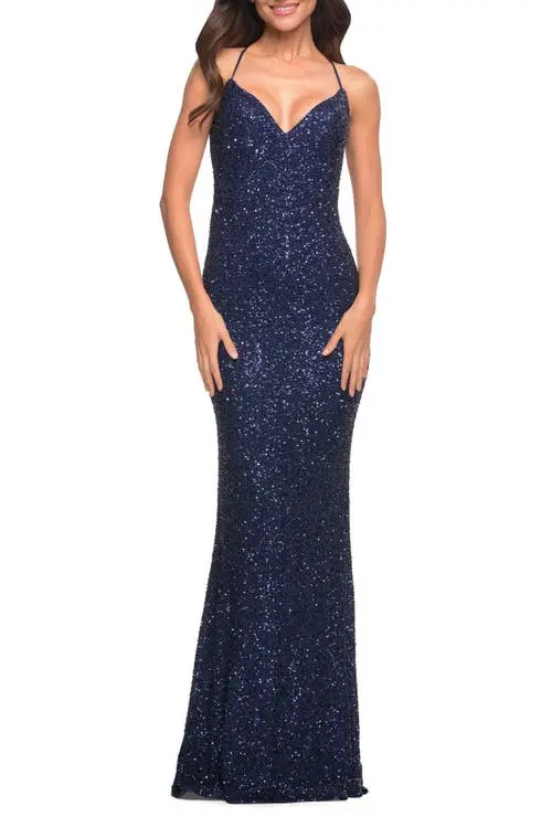 La Femme Sequin Gown With V-neckline - Navy